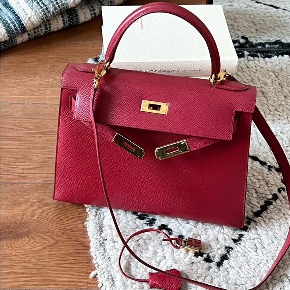 Hermes | Bags | Hermes Kelly 28 Red And Gold Epsom Leather Sellier ...